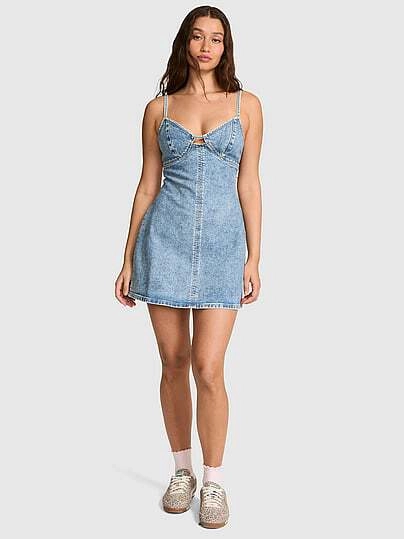 Pink Denim A-line Dress - Blue