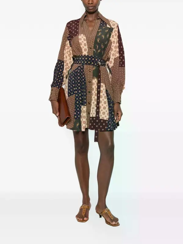 Zimmermann Tuck Patchwork-print Belted Mini Dress