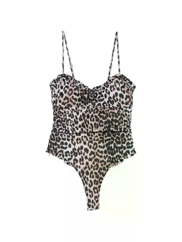 GANNI Leopard-print Ruffled Bodysuit