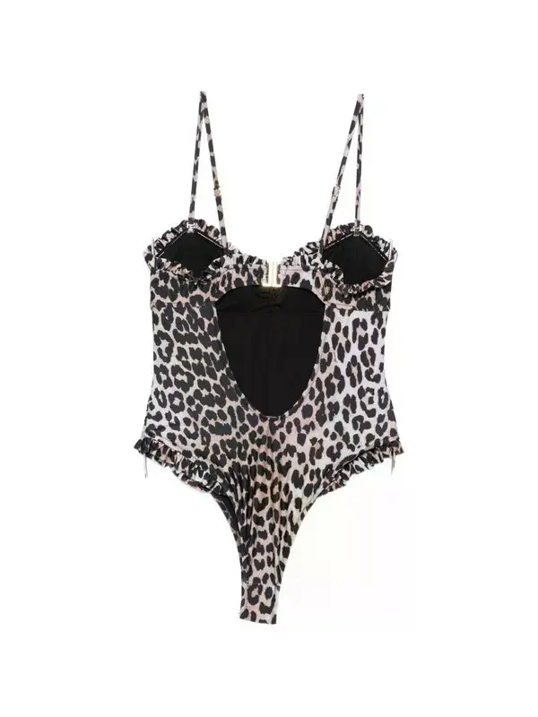 GANNI Leopard-print Ruffled Bodysuit