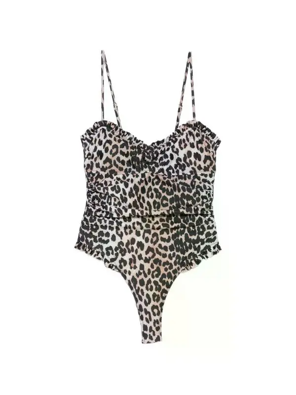 GANNI Leopard-print Ruffled Bodysuit - Brown