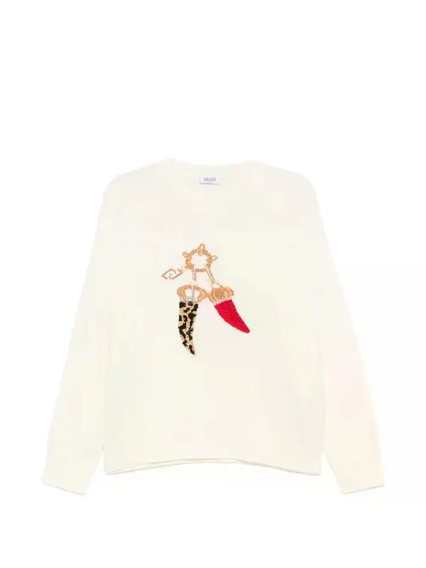 Liu Jo Crystal-embellished Graphic-print Wool Sweater - Neutrals