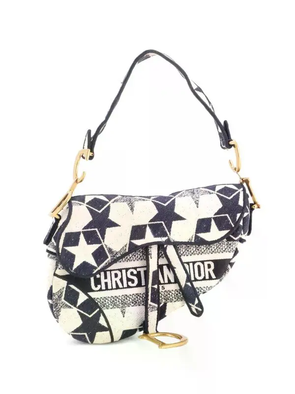 Dior Saddle Bag Logo Embroidered Canvas Medium Shoulder Bag - Blue