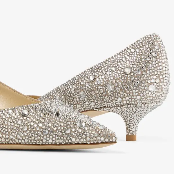JIMMY CHOO Amelia Light Soft Gold Shimmer Suede Pumps With Crystal Hotfix