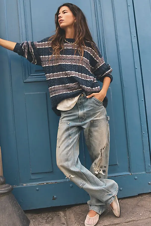 Free People Striped Cable Knit Pullover - Navy Combo