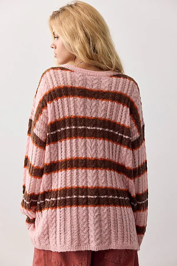 Free People Striped Cable Knit Pullover - Rose Combo