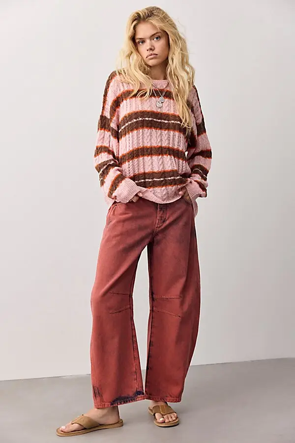 Free People Striped Cable Knit Pullover - Rose Combo