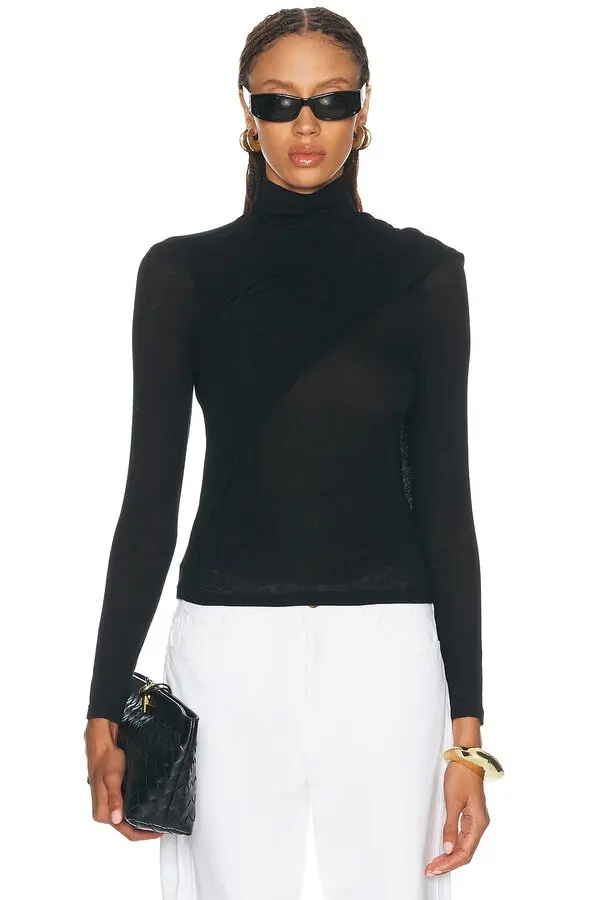 Enza Costa Sheer Cashmere Jersey Bandana Turtleneck Top - Black
