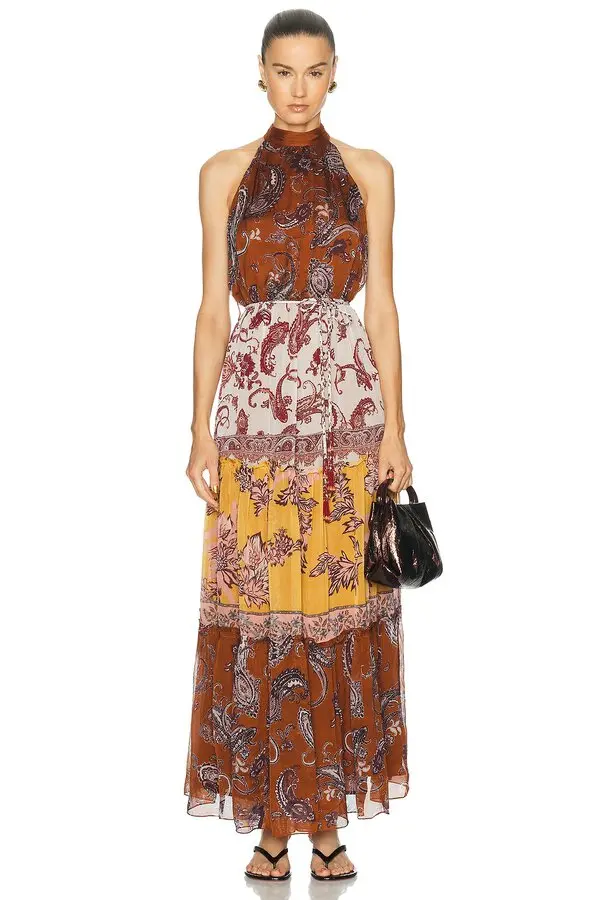 Hemant & Nandita Halter Neck Tiered Maxi Dress In Rust - Brown