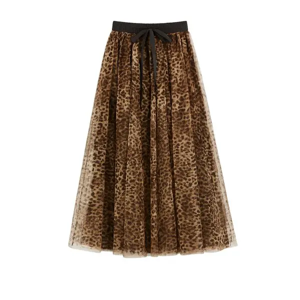 YUMI Leopard Mesh Tulle Skirt - Brown