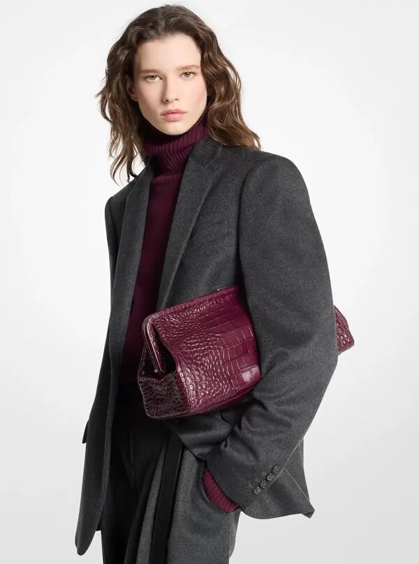 Michael Kors Angelica Large Crocodile Embossed Leather Frame Clutch