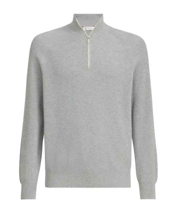 Brunello Cucinelli Cotton English Rib Sweater With Half Zip And Raglan Sleeves - Light Gray