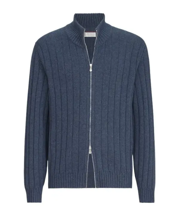 Brunello Cucinelli Cashmere Ribbed Cardigan With Zip