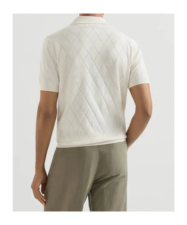Brunello Cucinelli Cotton Textured Argyle Lightweight Knit Polo Shirt