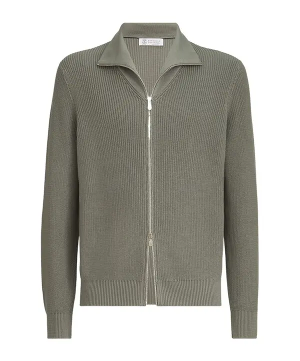 Brunello Cucinelli Cotton Half English Rib Cardigan With Zipper - Gray