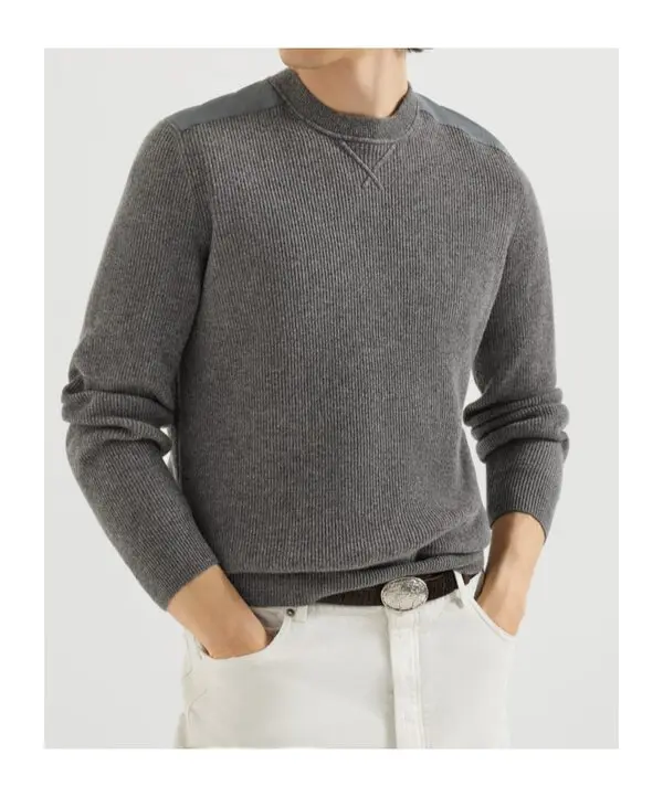 Brunello Cucinelli Cashmere Ribbed Sweater With Cotton Inserts