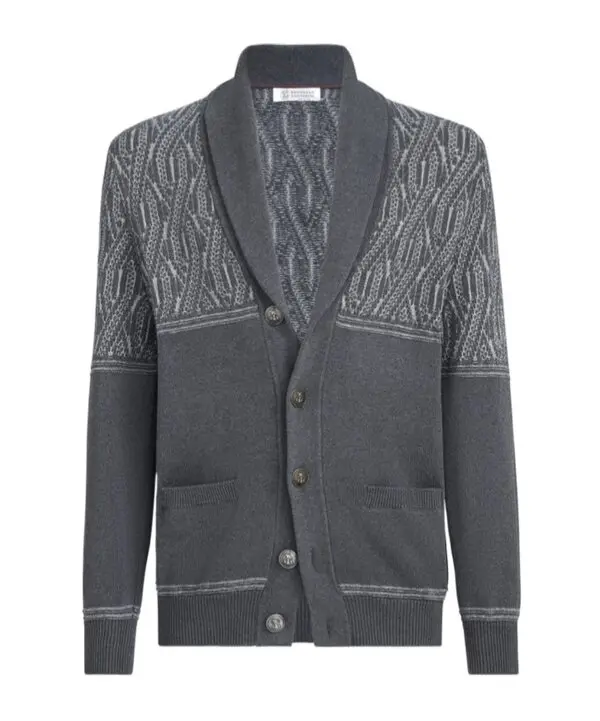 Brunello Cucinelli Cotton Shawl-collar Cardigan With Jacquard Cable Shoulder - Medium Gray
