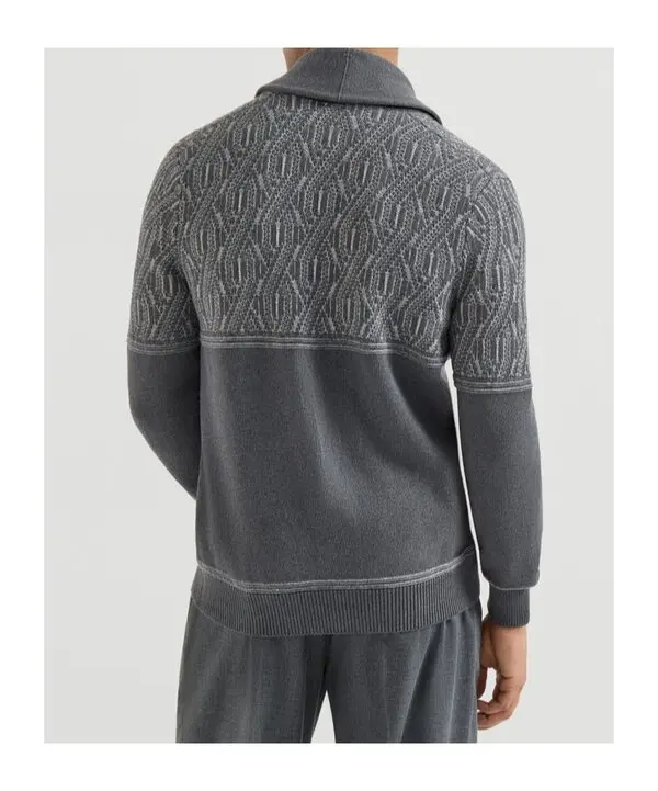 Brunello Cucinelli Cotton Shawl-collar Cardigan With Jacquard Cable Shoulder - Medium Gray
