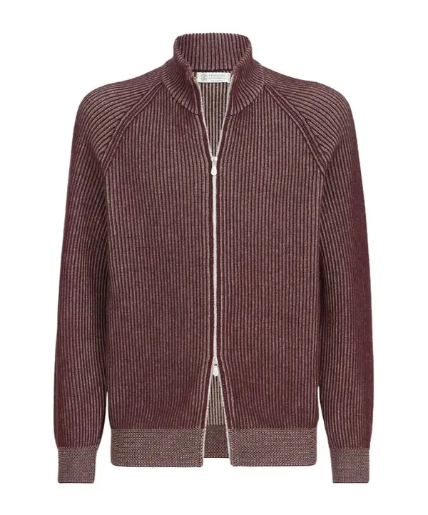 Brunello Cucinelli Cashmere Vanisé English Rib High-neck Cardigan With Zipper - Deep Fuchsia