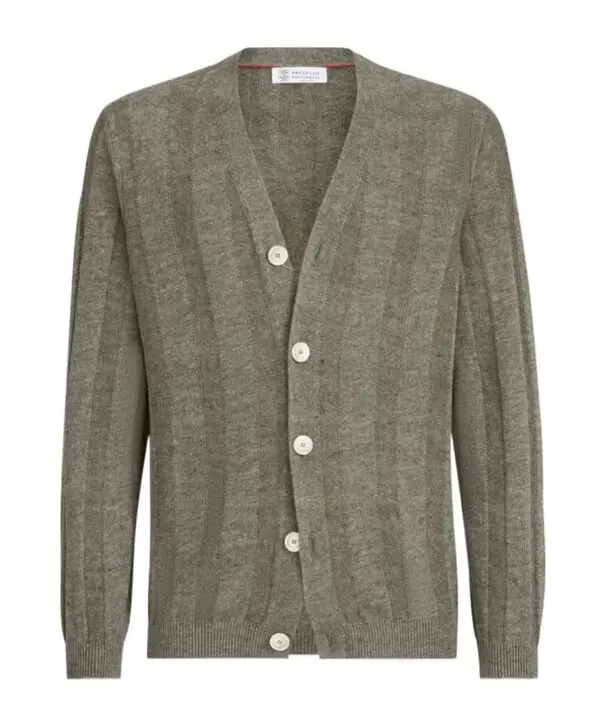 Brunello Cucinelli Linen And Cotton Textured Rib Cardigan - Olive