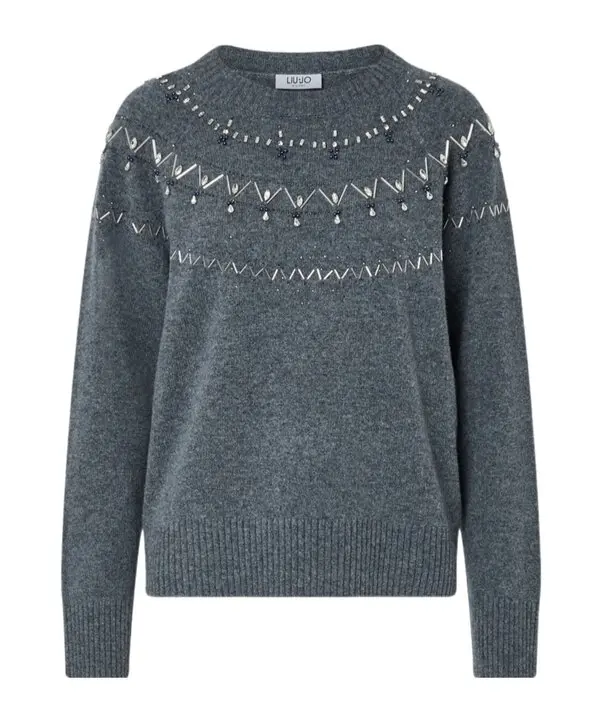 Liu Jo Wool Sweater With Jewel Embroidery - Gray