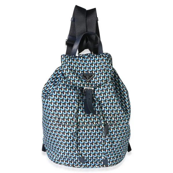 Prada Geometric Print Nylon Tessuto Drawstring Logo Backpack - Blue