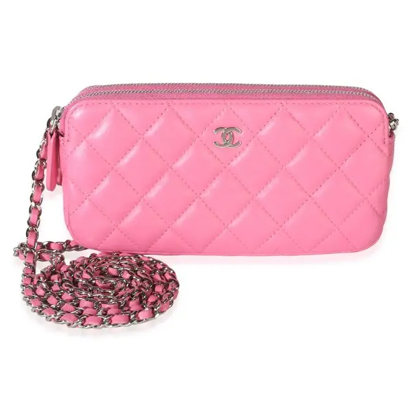 Chanel Quilted Lambskin Double Zip Clutch With Chain - Pink