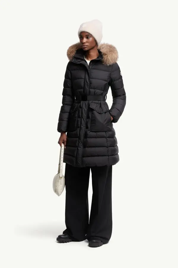 Moncler Khloesse Hooded Shearling-trimmed Long Down Jacket