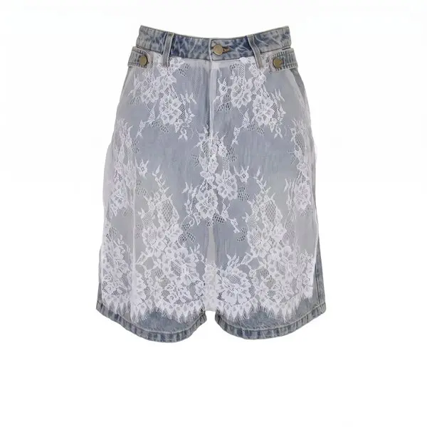 MODENAIRE High Waist Lace Overlay Denim Bermuda Shorts