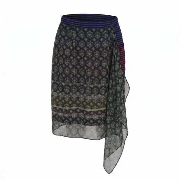 MODENAIRE Geometric Print Chiffon Midi Skirt With Draped Asymmetric Side Panel - Green