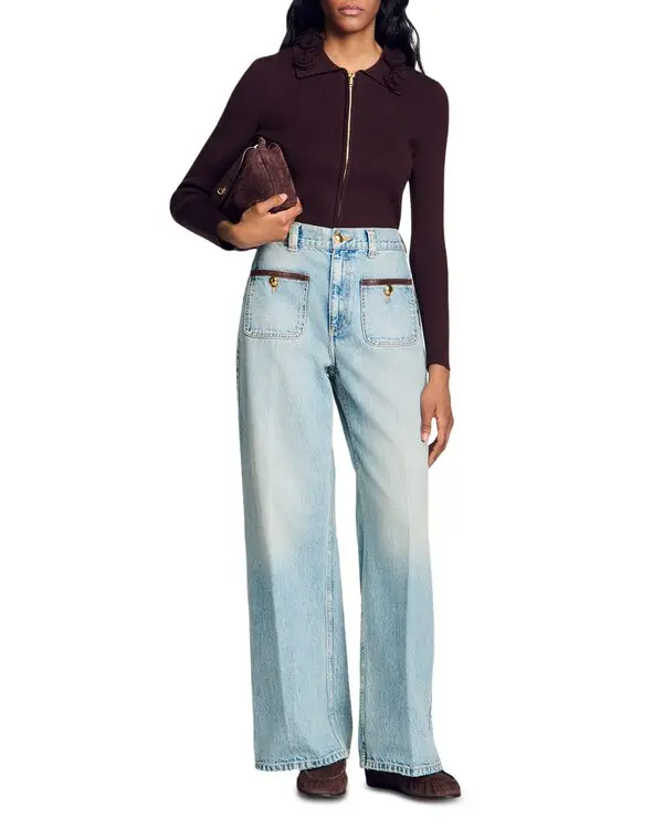 Sandro Zora Rosette Collar Zippered Cardigan