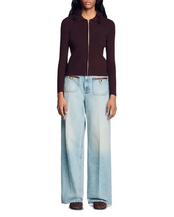 Sandro Zora Rosette Collar Zippered Cardigan