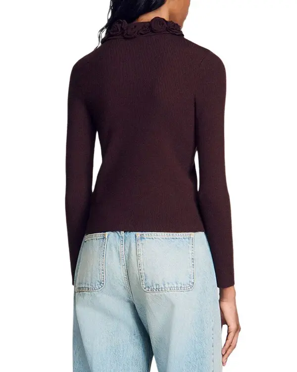 Sandro Zora Rosette Collar Zippered Cardigan