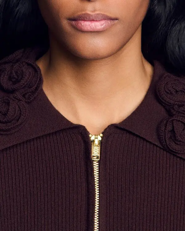 Sandro Zora Rosette Collar Zippered Cardigan