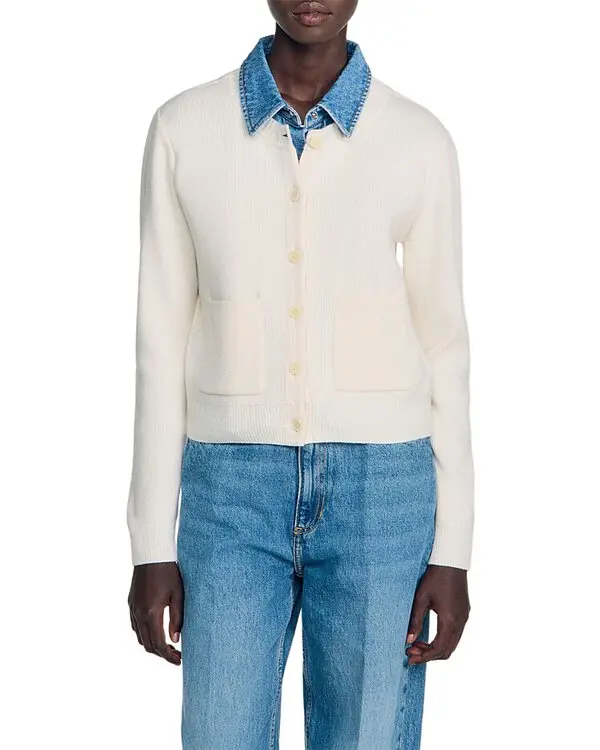 Sandro Layered Look Denim Collar Cardigan