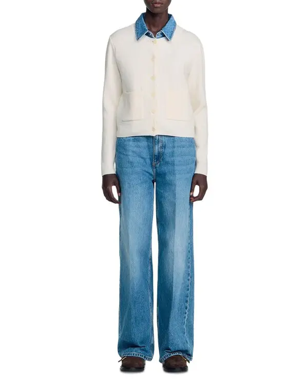 Sandro Layered Look Denim Collar Cardigan