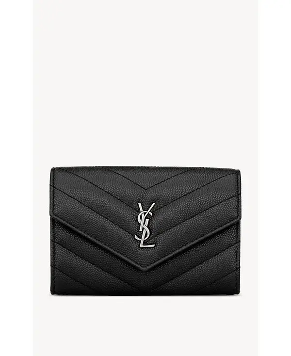 Saint Laurent Cassandre Matelasse Small Envelope Wallet Ingrain De Poudre Leather - Black