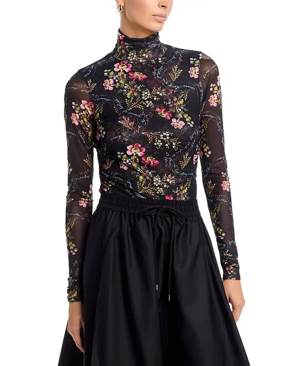 Cinq À Sept Love Letter Shirred Floral Mesh Turtleneck
