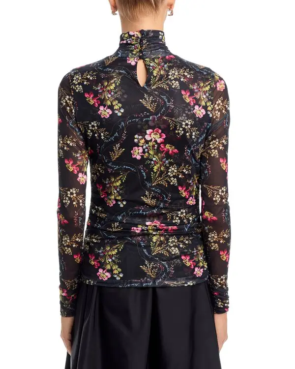 Cinq À Sept Love Letter Shirred Floral Mesh Turtleneck