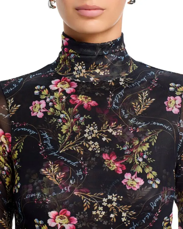Cinq À Sept Love Letter Shirred Floral Mesh Turtleneck