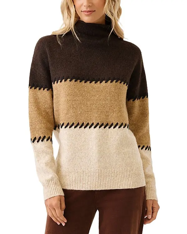 Karen Kane Contrast Stitch Mock Neck Colorblock Sweater - Brown