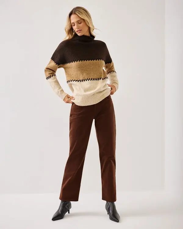 Karen Kane Contrast Stitch Mock Neck Colorblock Sweater - Brown