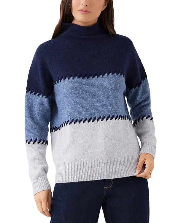 Karen Kane Contrast Stitch Mock Neck Colorblock Sweater - Navy