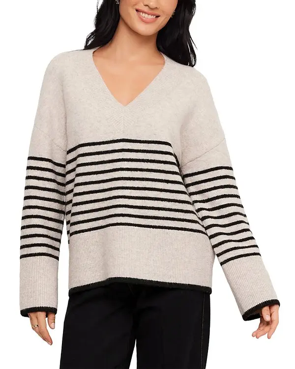 Karen Kane Printed V-neck Sweater - Oatmeal/ Black