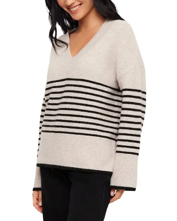 Karen Kane Printed V-neck Sweater - Oatmeal/ Black