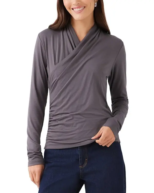 Karen Kane Crossover Side Shirred Long Sleeve Top - Gray