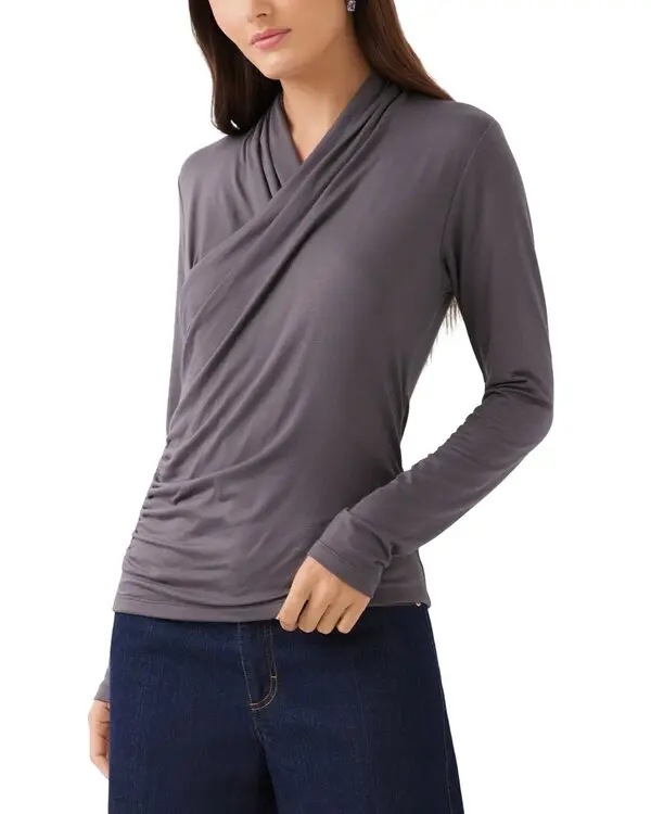 Karen Kane Crossover Side Shirred Long Sleeve Top - Gray