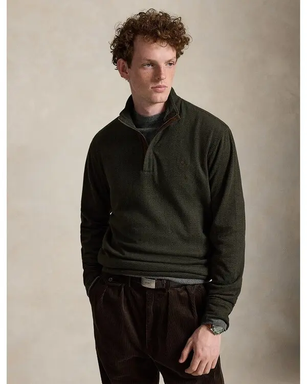 Polo Ralph Lauren Luxury Jersey Herringbone Quarter Zip Sweater - Green Multi