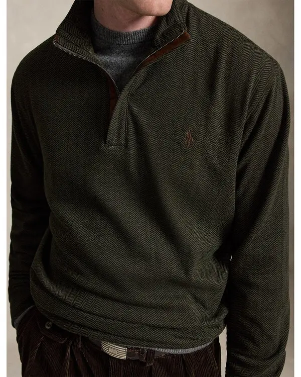 Polo Ralph Lauren Luxury Jersey Herringbone Quarter Zip Sweater - Green Multi