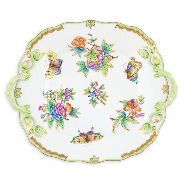 HEREND Queen Victoria Square Cake Plate With Branch Handles